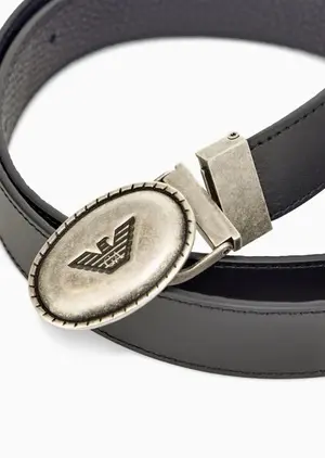Emporio Armani Suede And Grained Leather Belt With Oval Logo Plaque