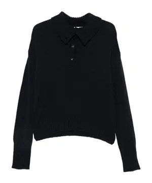 ROBERTO COLLINA Collared Henley Cropped Knit Sweater - Navy