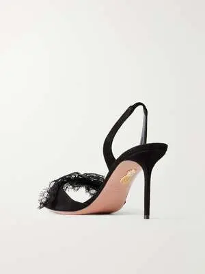AQUAZZURA Lover 85 Lace-trimmed Suede Slingback Sandals