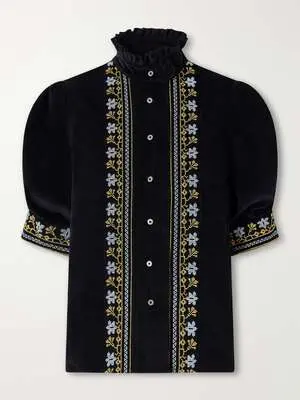 Thierry Colson Vita Embroidered Cotton And Wool-blend Corduroy Blouse