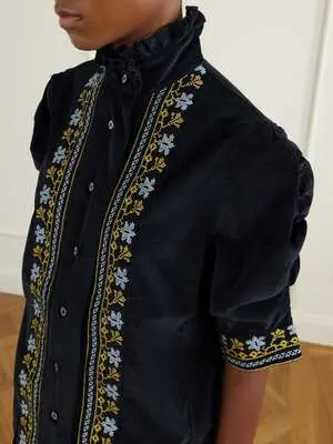 Thierry Colson Vita Embroidered Cotton And Wool-blend Corduroy Blouse