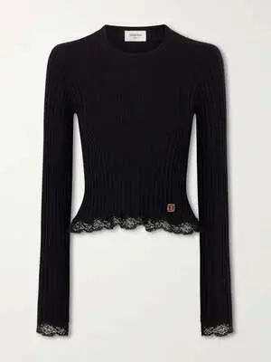 Saint Laurent Lace-trimmed Ribbed Knitwear - Black