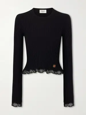 Saint Laurent Lace-trimmed Ribbed Knitwear - Black