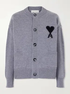 AMI Paris Intarsia Wool Cardigan - Gray