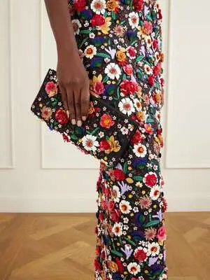 Carolina Herrera Floral-embellished Silk-faille Clutch