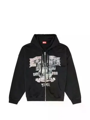DIESEL® Cotton Graphic Print Full Zip Hoodie - Black