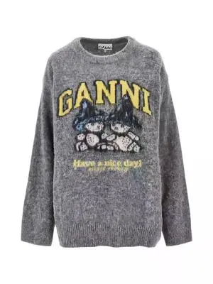 GANNI Intarsia Knit Crew Neck Sweater - Grey