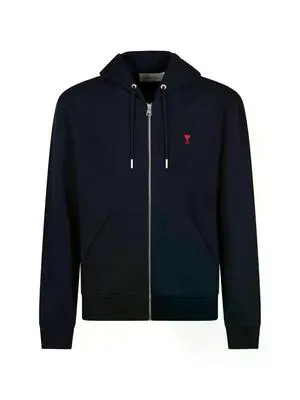 AMI Paris Zipped Cotton Hoodie With De Coeur - Blue