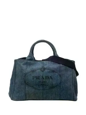 Prada 2013-2026 Denim Canapa Logo Tote Satchel - Blue