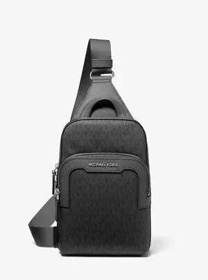 Michael Kors Hudson Medium Signature Logo Double-zip Sling Bag In By - Black