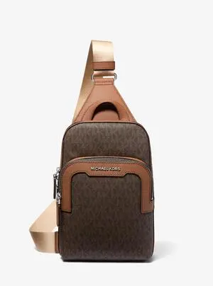 Michael Kors Hudson Medium Signature Logo Double-zip Sling Bag In By - Brown