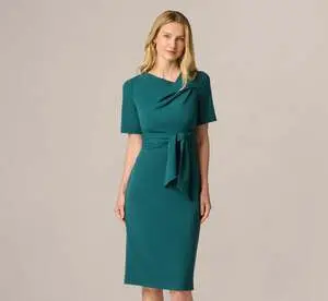 Adrianna Papell Short Sleeve Asymmetrical Tie Front Stretch Sheath Dress