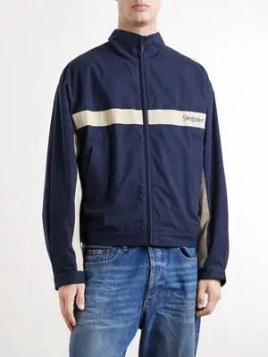Saint Laurent Paneled Logo Embroidered Cotton Jacket - Blue
