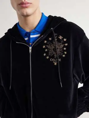 Celine Logo-embroidered Cotton-blend Velvet Zip-up Hoodie