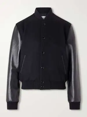 Celine Teddy Leather-trimmed Wool-blend Bomber Jacket - Black