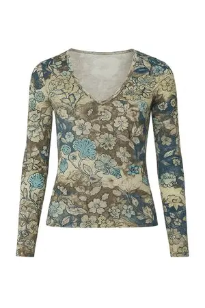 CONQUISTA Floral Print V-neck Long-sleeve Top