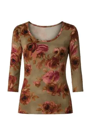 CONQUISTA Floral Print Scoop-neck 3/4 Sleeve Top