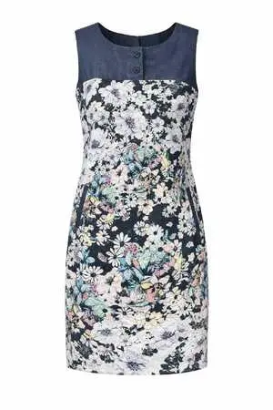 CONQUISTA Sleeveless Floral Print Dress With Contrast Yoke - Blue
