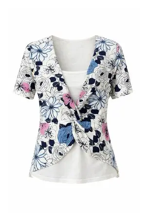 CONQUISTA Floral Twist-front Short Sleeve Top