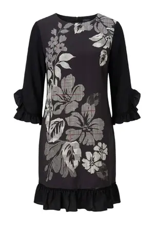 CONQUISTA Floral Print Shift Dress With Ruffle Details