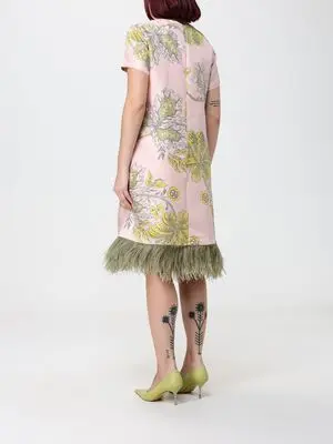 La DoubleJ Floral Print Silk Midi Dress With Feather Trim - Pink
