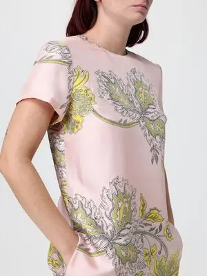 La DoubleJ Floral Print Silk Midi Dress With Feather Trim - Pink