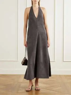 ST. AGNI Paneled Suede Halter Midi Dress
