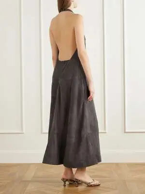 ST. AGNI Paneled Suede Halter Midi Dress