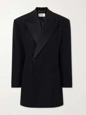 Saint Laurent Double-breasted Wool-crepe Blazer With Satin Lapels - Black