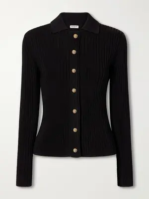 Balmain Ribbed Button-down Polo Shirt - Black