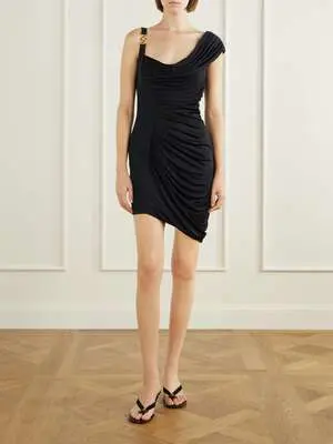 Versace Medusa-embellished Gathered Satin-crepe Mini Dress
