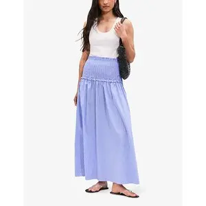 RO&ZO Striped Shirred-waist Cotton-blend Maxi Skirt