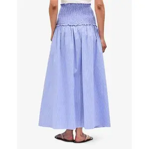 RO&ZO Striped Shirred-waist Cotton-blend Maxi Skirt