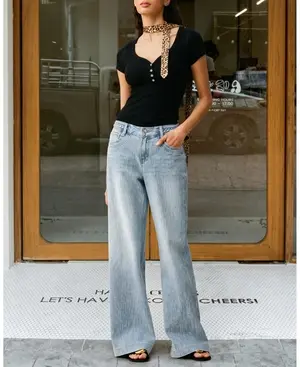 BAYEAS Mid Rise Wide Leg Denim Jeans With Rhinestone In Light