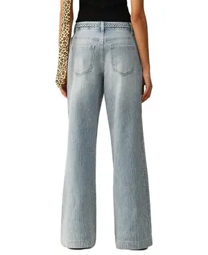 BAYEAS Mid Rise Wide Leg Denim Jeans With Rhinestone In Light