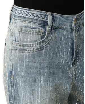 BAYEAS Mid Rise Wide Leg Denim Jeans With Rhinestone In Light