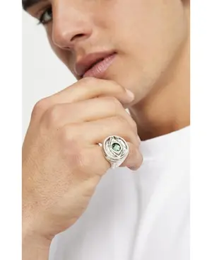 UNODE50 Sterling Plated Eye Signet Ring With Green Crystal