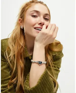 UNODE50 Sterling Plated Ball Elastic Bracelet With Black Faceted Crystal