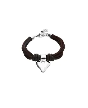 UNODE50 Silk-effect Thread Blend Bracelet With Brown Leather And Heart Detail - Silver