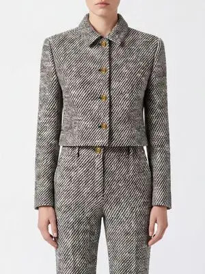 Versace Cropped Chevron Pattern Single-breasted Virgin Wool Blazer - White