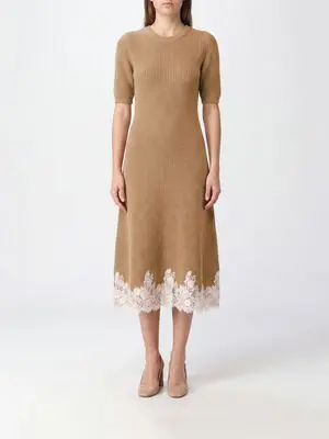 Alberta Ferretti Cashmere And Camel Midi Knit Dress With Macramé Inserts - Brown