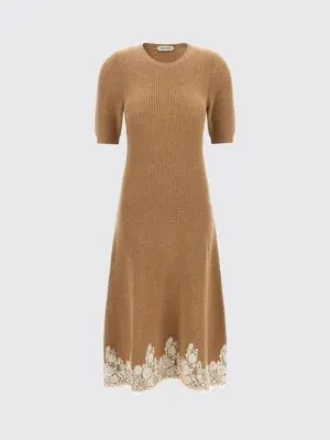 Alberta Ferretti Cashmere And Camel Midi Knit Dress With Macramé Inserts - Brown