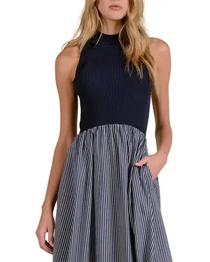 Elan Mock Neck Sleeveless Dress - Blue Stripe