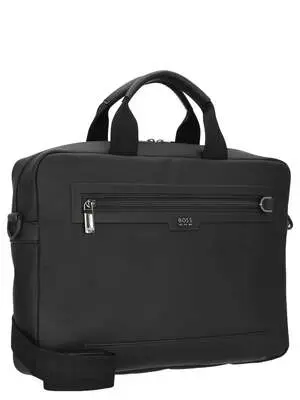 BOSS Textured Briefcase With Top Handles And Shoulder Strap - Black