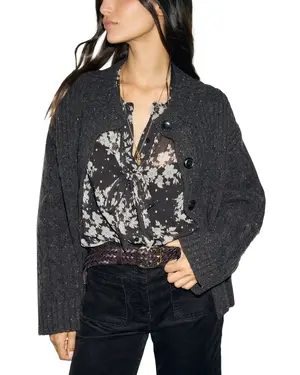 Gerard Darel Rafa Merino Wool Ribbed & Cable Knit Cardigan
