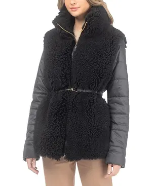 Gorski Curly Shearling Lamb Jacket With Quilted Sleeves And Back With Belt