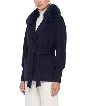 Gorski Fabric Jacket With Detachable Shearling Lamb Collar, Belt - Navy
