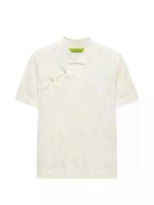 Shanghai Tang Openwork Knit Mandarin Collar Top - Neutrals