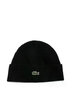 Lacoste Ribbed Knit Beanie Hat With Logo Patch - Black