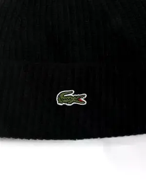 Lacoste Ribbed Knit Beanie Hat With Logo Patch - Black